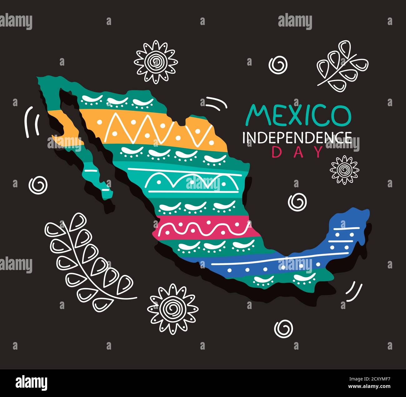 mexico independence day celebration lettering with map and flowers ...