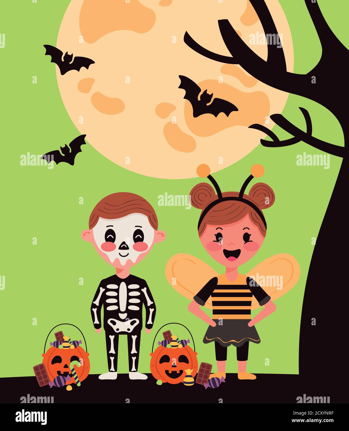 little kids couple with halloween costumes characters and bats flying ...