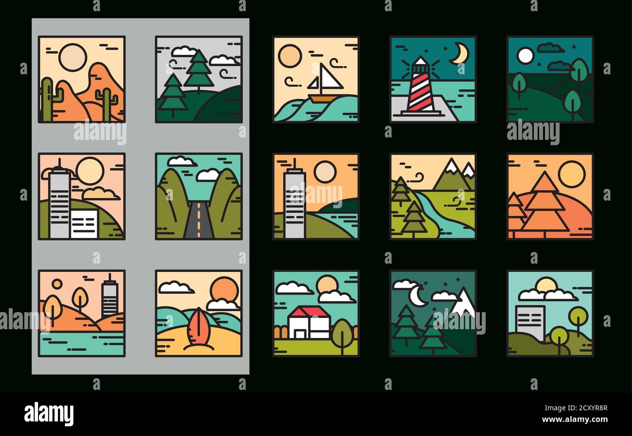 landscape icons of mountains, ocean tropical countryside and forest ...