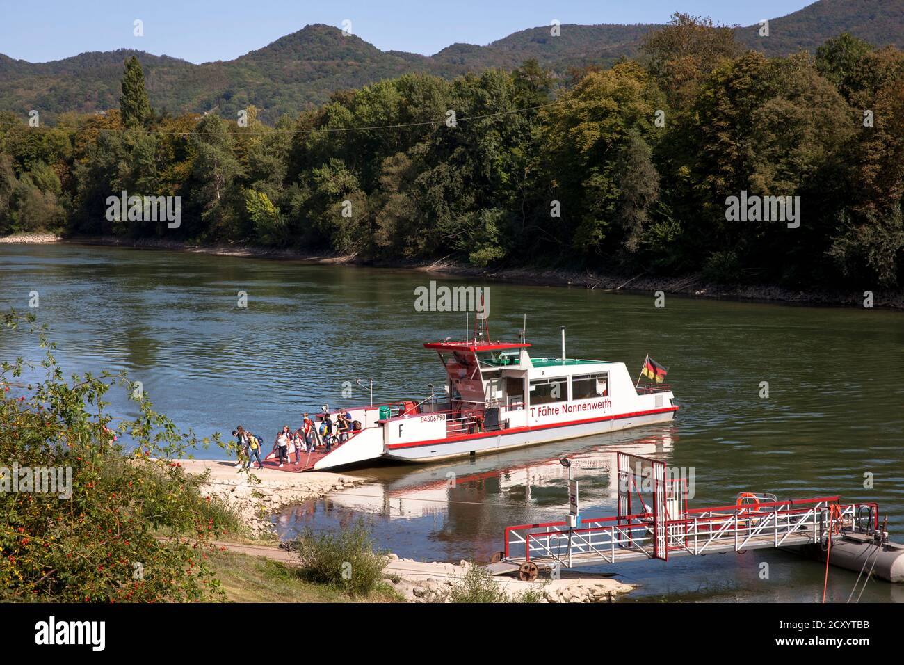 ferry boat to the island Nonnenwerth on the river Rhine in Remagen ...