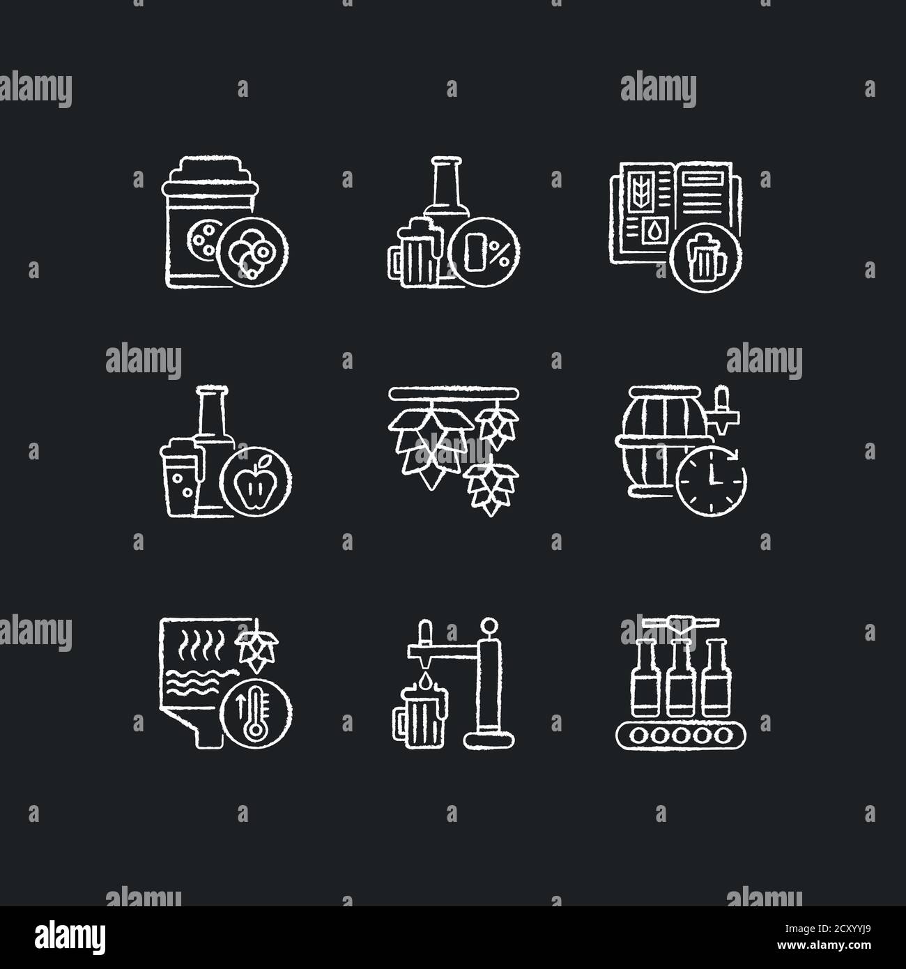 Brewing beer process chalk white icons set on black background Stock ...
