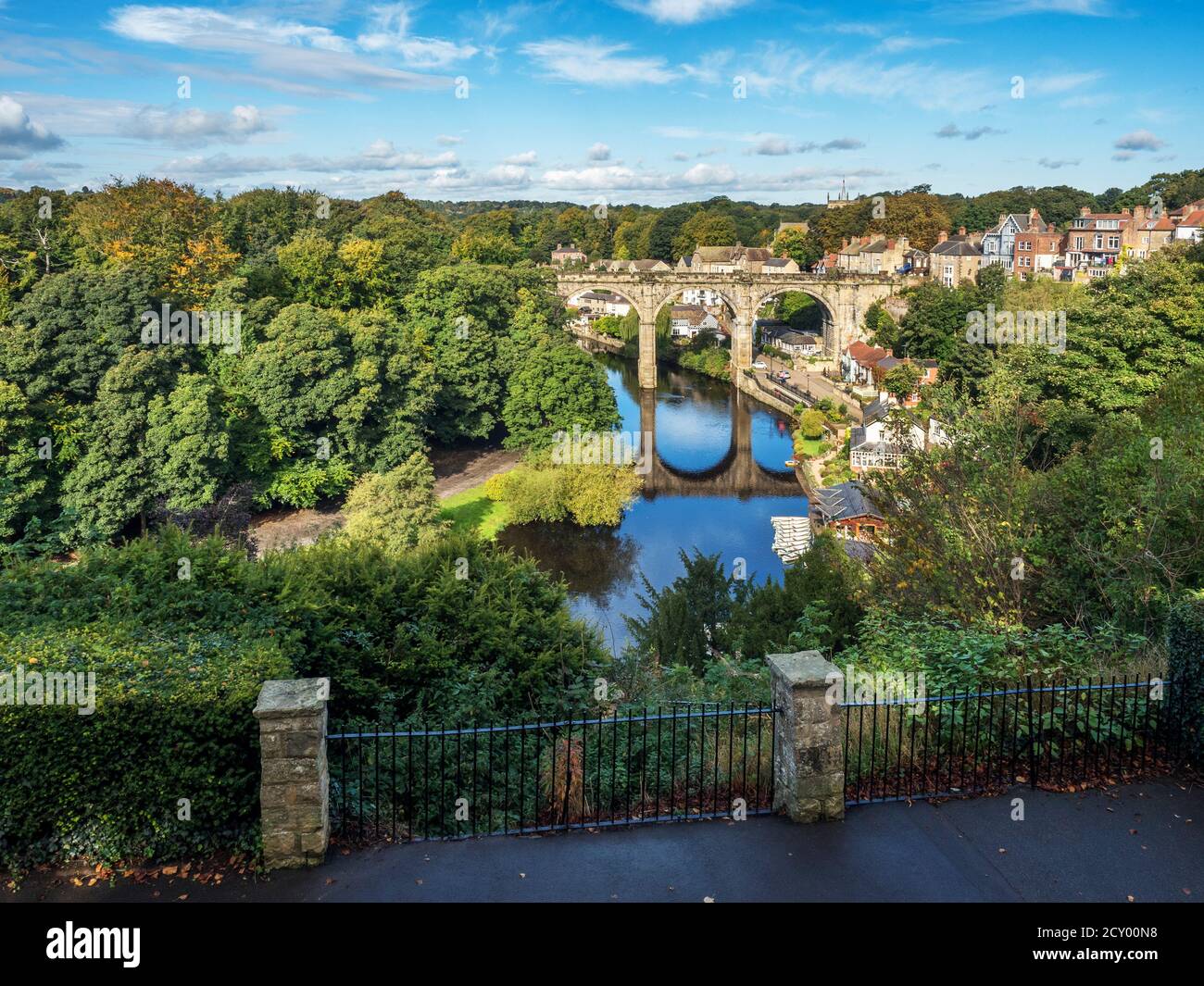 The Victorian railway viaduct across the River Nidd in early autumn ...