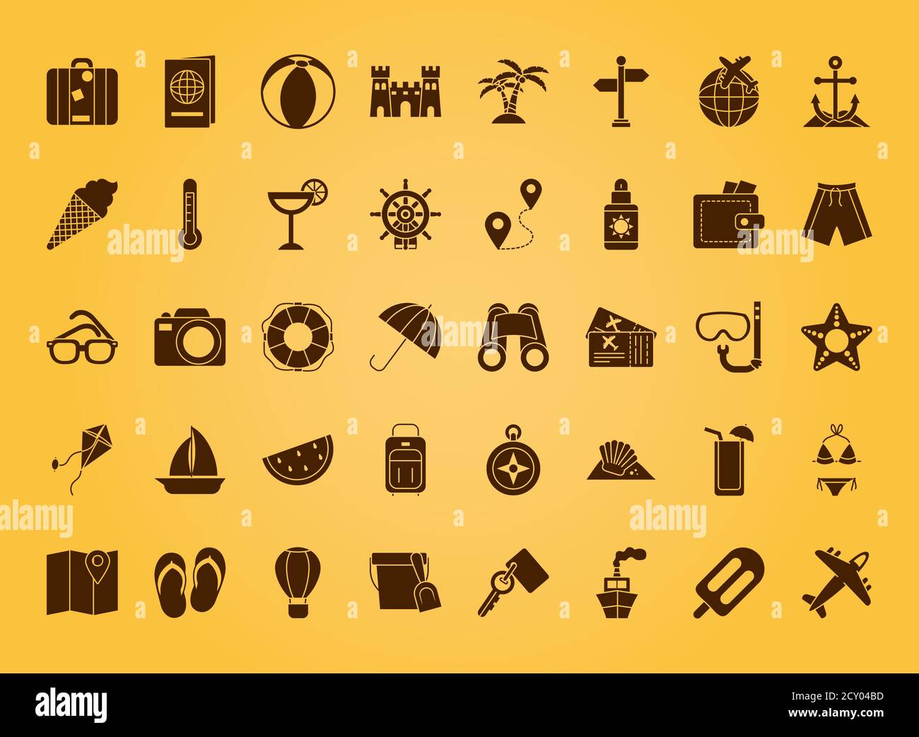 vacations icon set over yellow background, silhouette style, vector ...