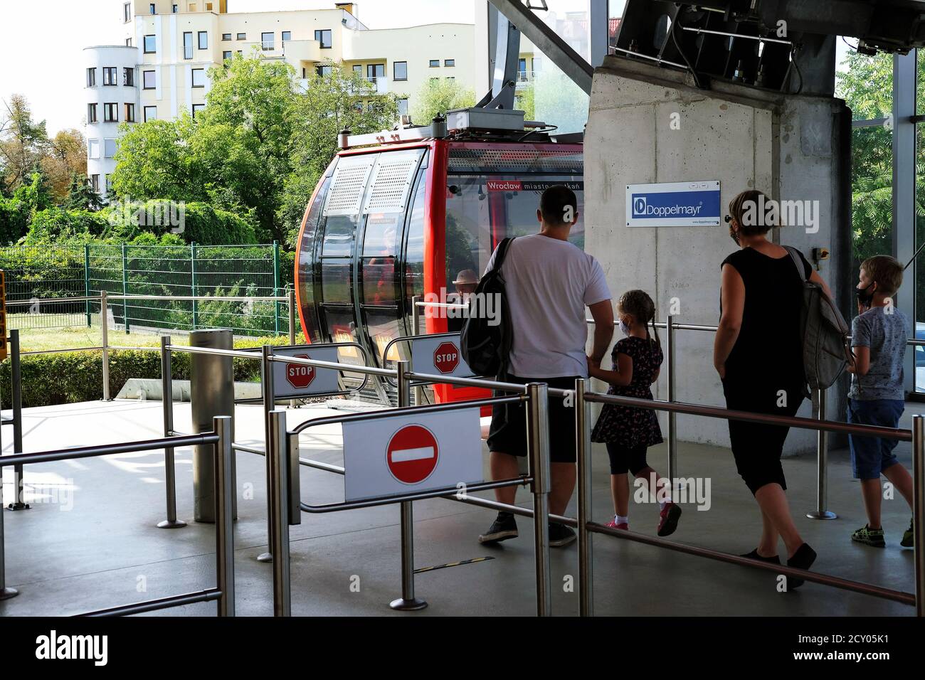 Wroclaw, Poland 08/24/2020 People entering the Polinka cable car which ...