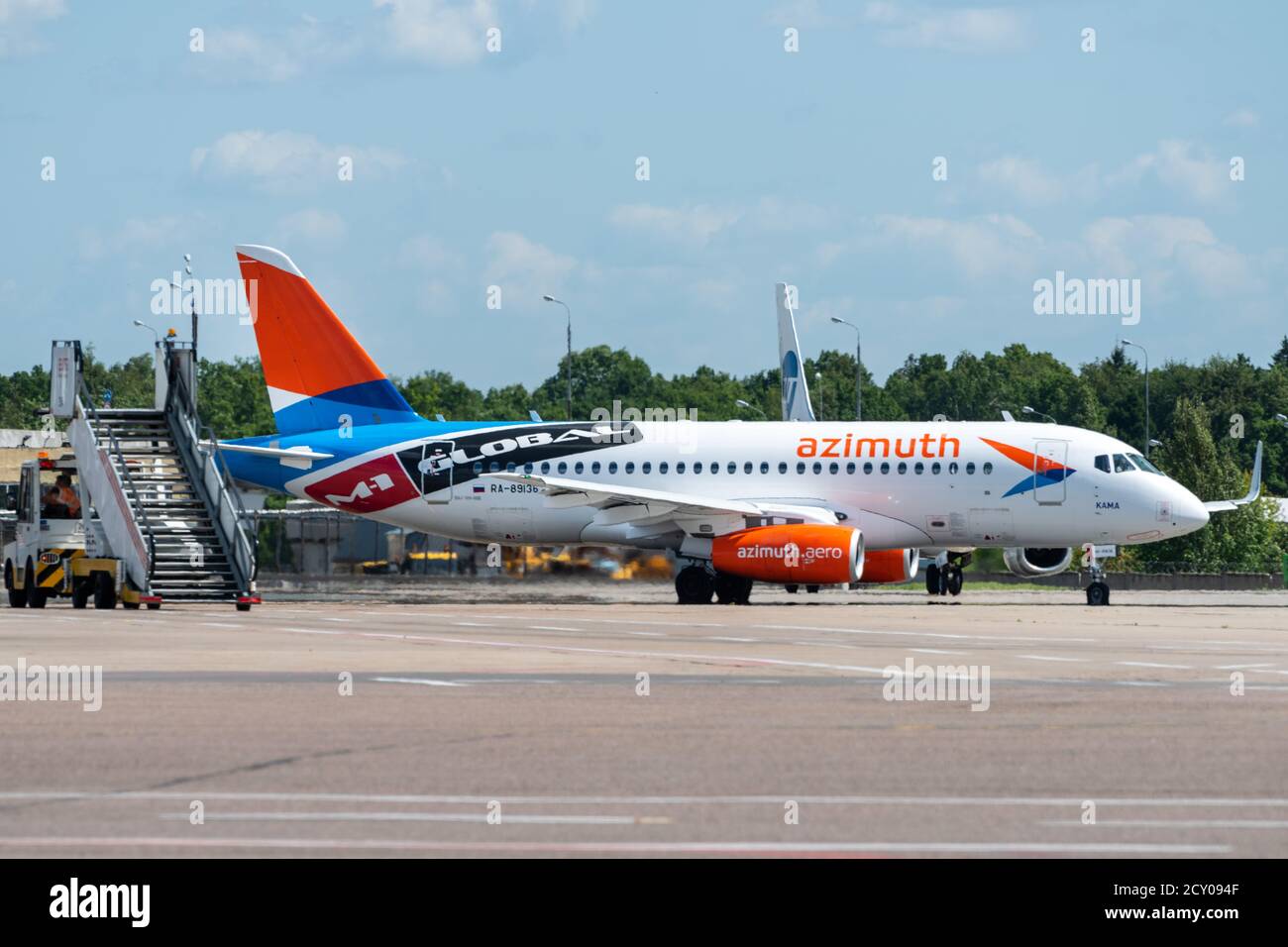 July 2, 2019, Moscow, Russia. Airplane Sukhoi Superjet 100 Azimuth ...