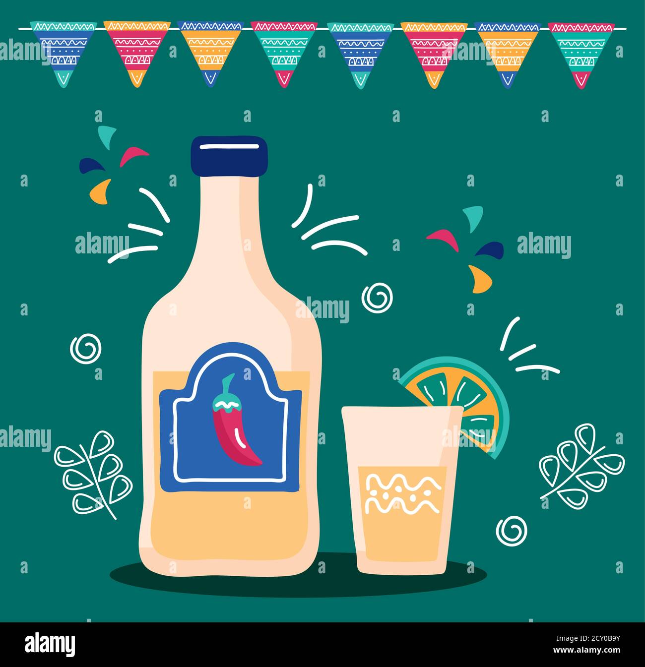 mexico celebration party with tequila bottle and garlands vector ...