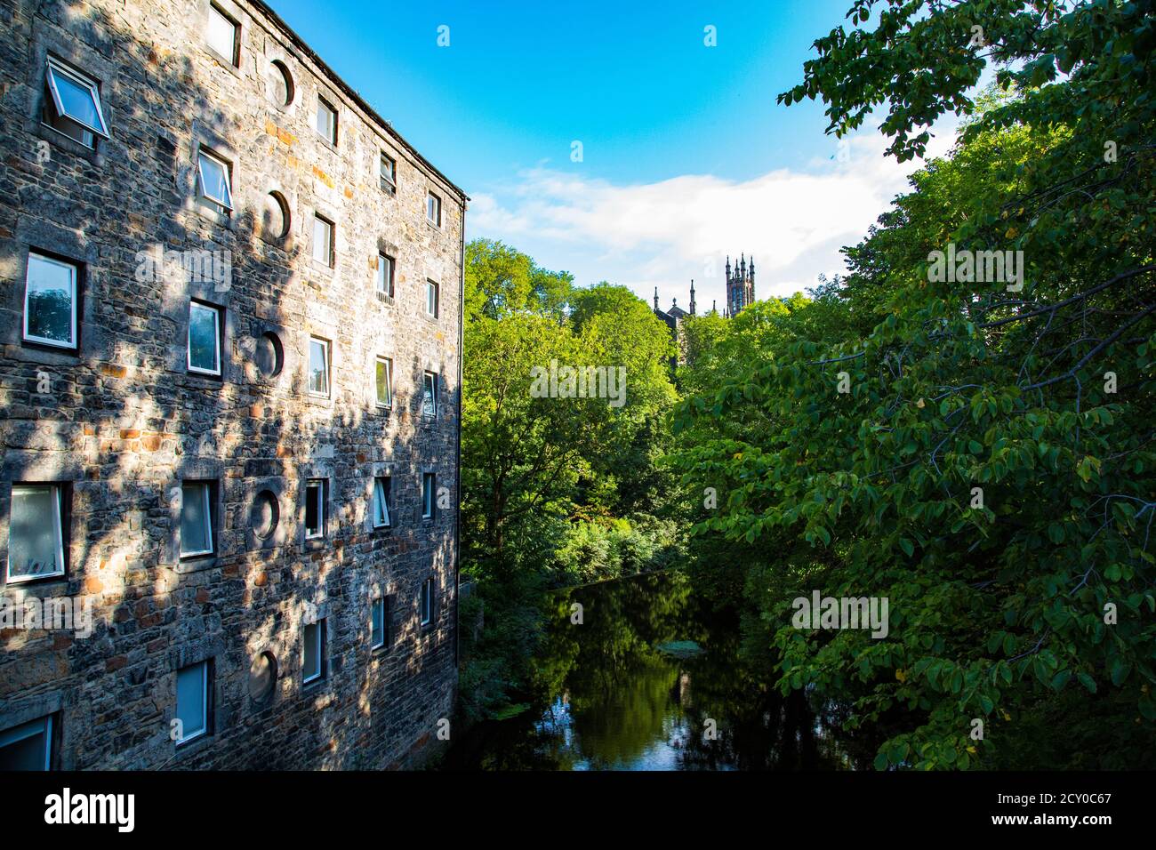 Building with windows between trees and vegetation Stock Photo - Alamy
