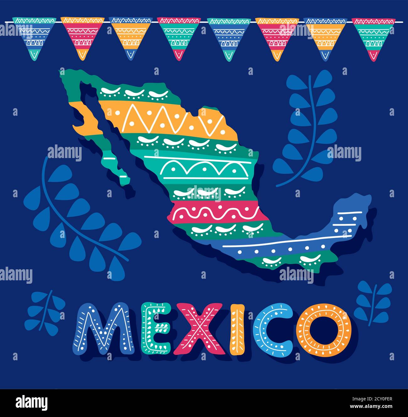 mexico celebration day lettering with mexican map and garlands vector ...