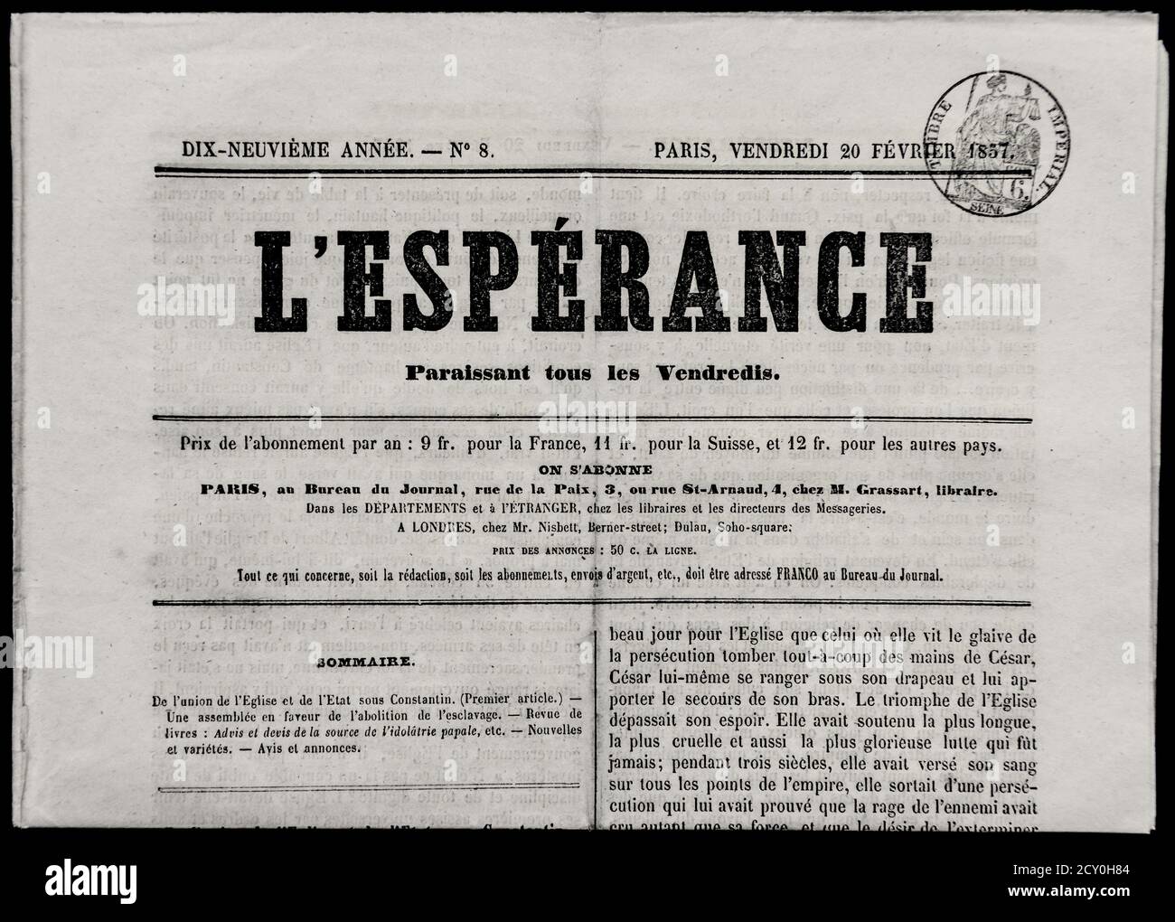 February 1857 French weekly religious newspaper "L'Espérance Stock ...