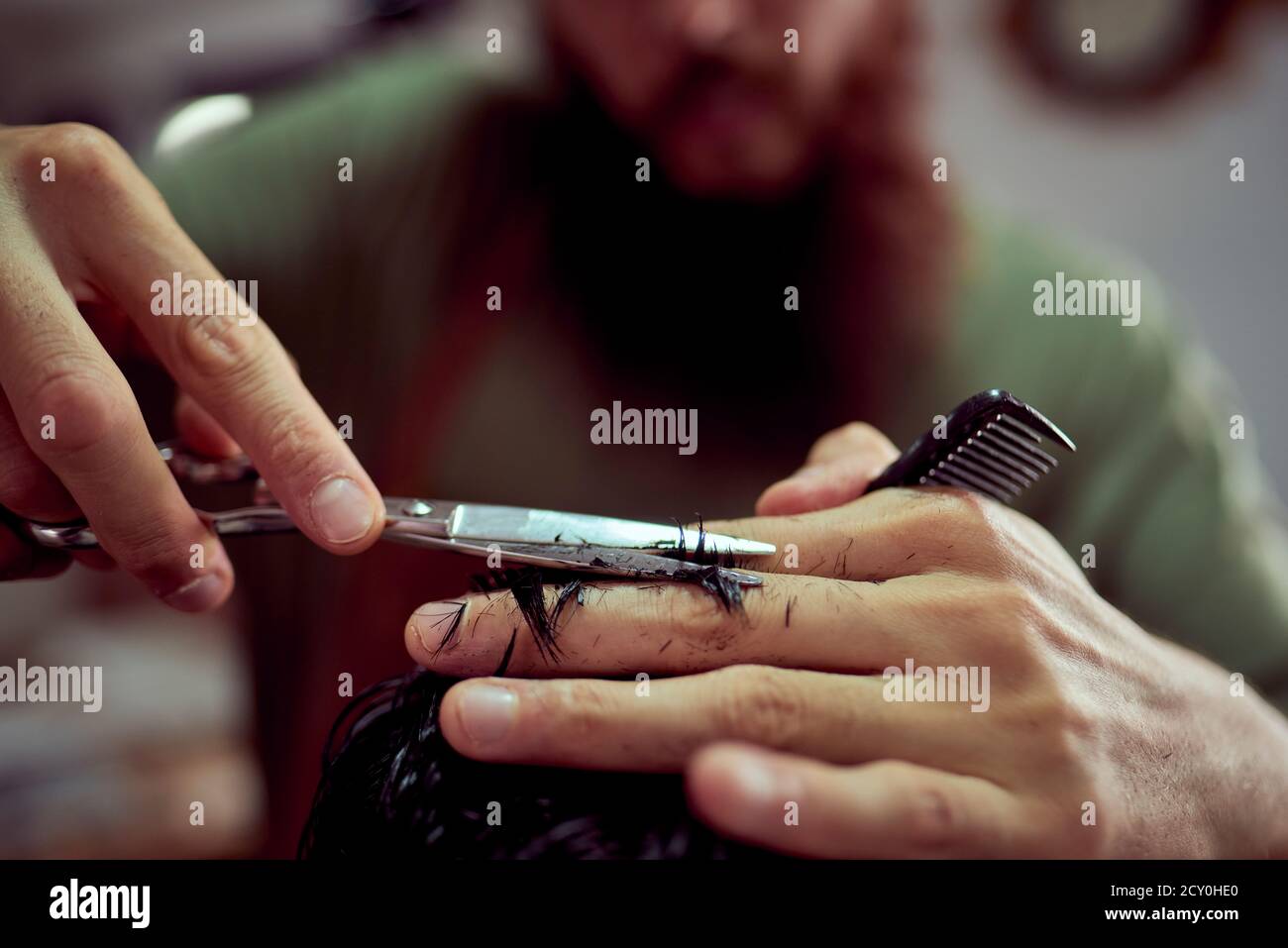 Detailed drawing of a barber cutting hair with scissors. Barber concept ...