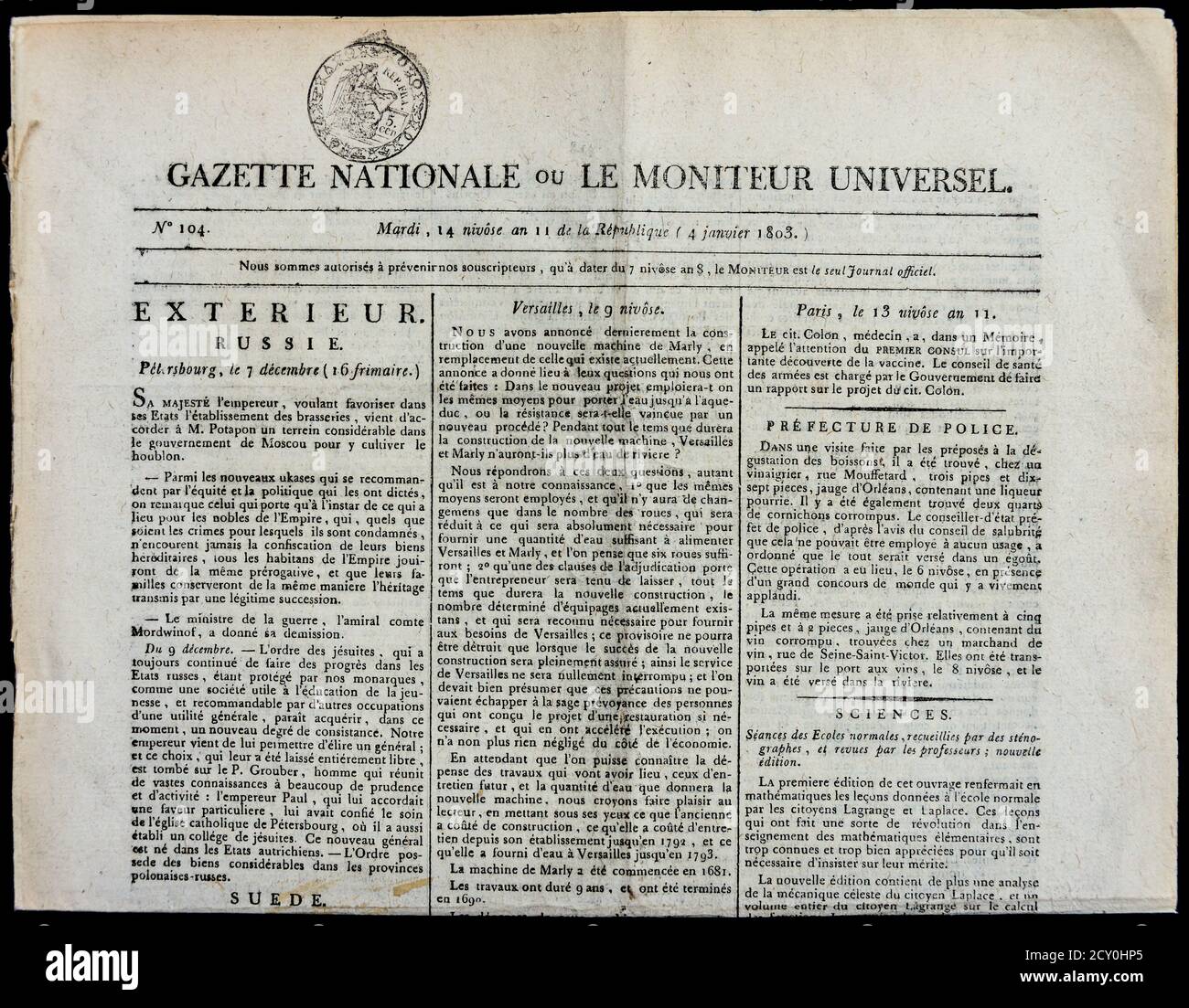 1803 French daily newspaper "Gazette Nationale ou Le Monitor Universel ...
