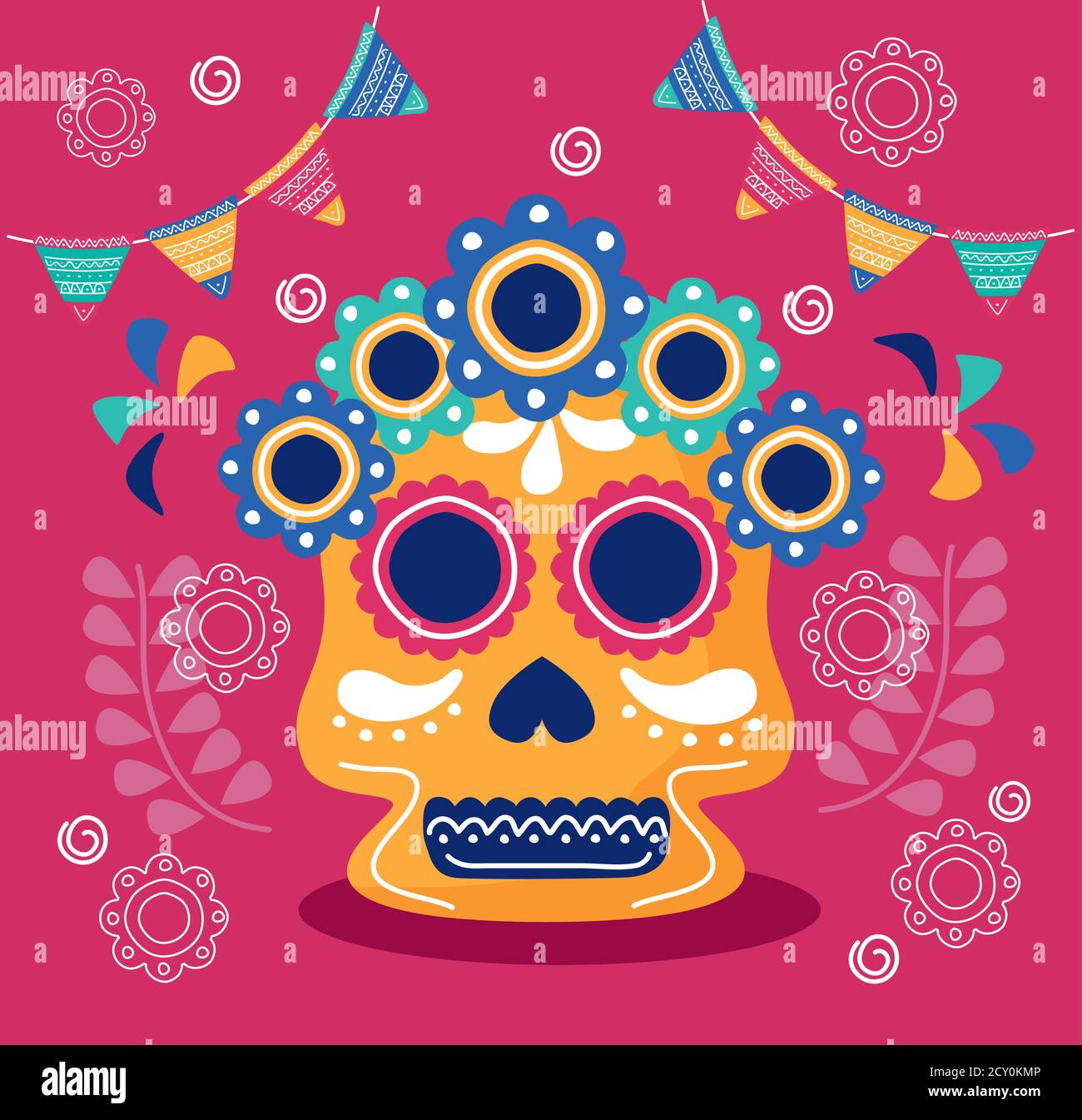 mexico celebration party with skull and flowers vector illustration ...