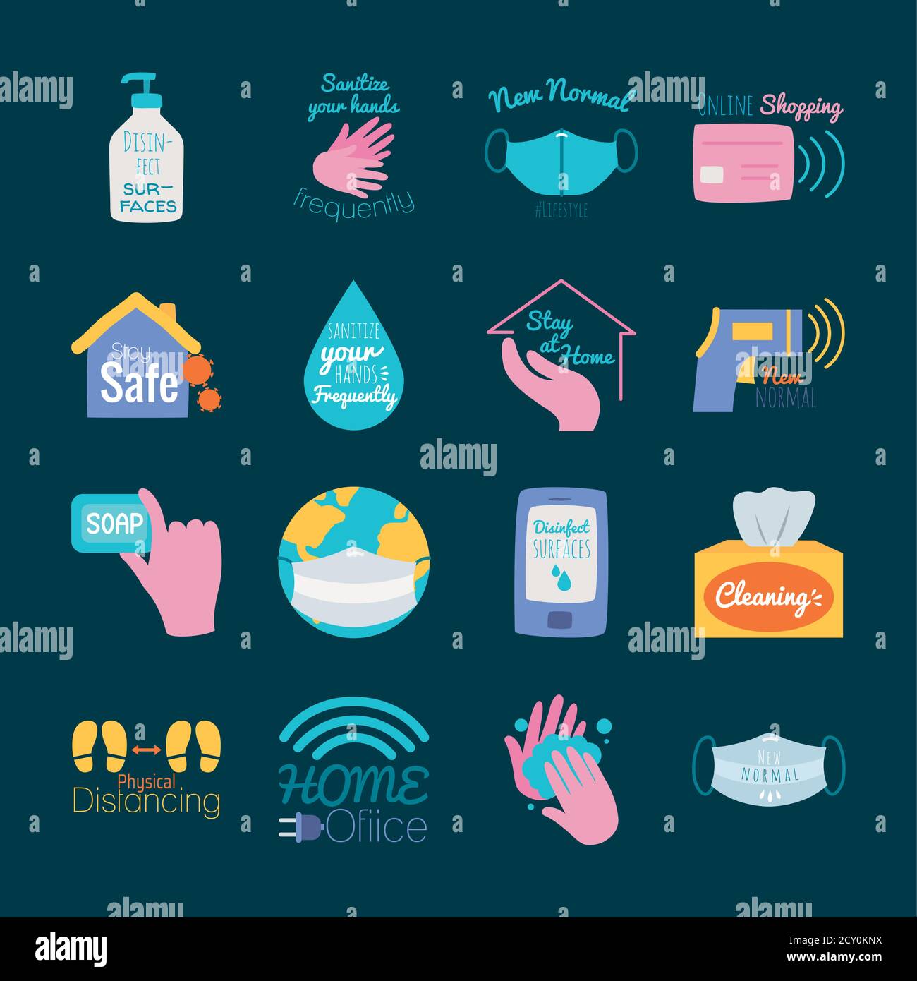 earth planet and new normal icon set over blue background, flat style ...