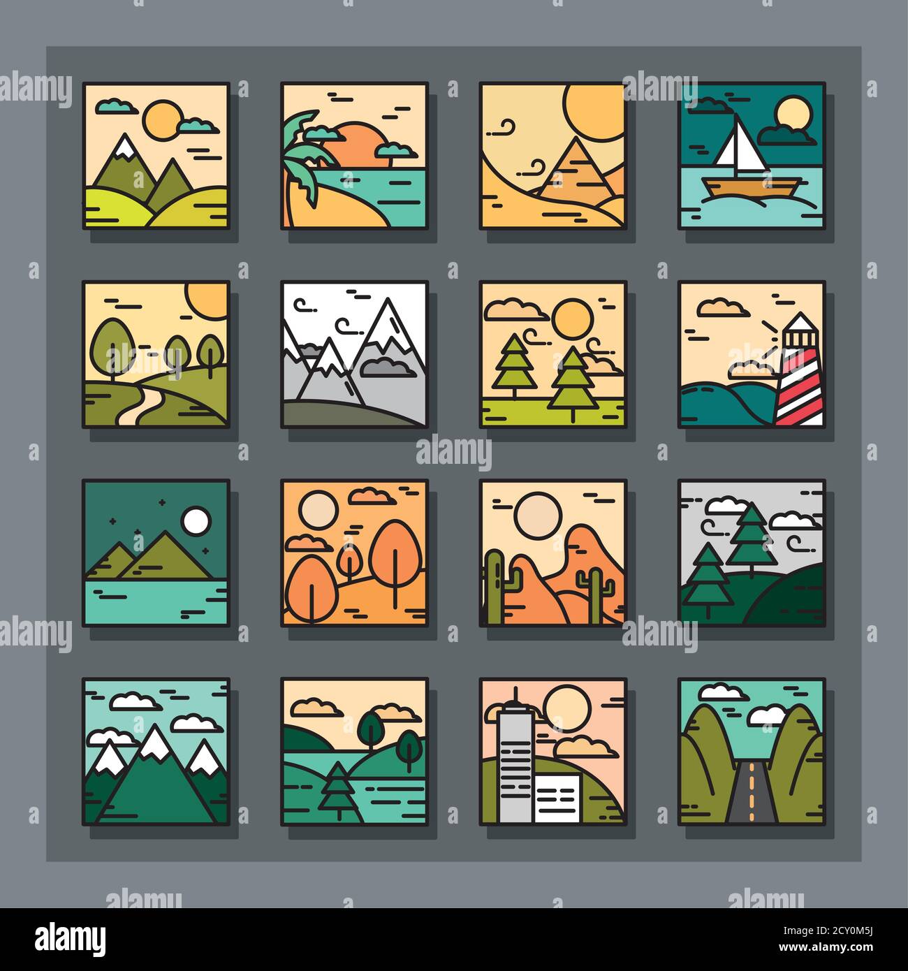 landscapes icons collection, nature mountains desert tropical sea boat ...