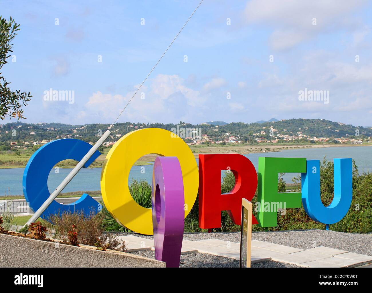 CORFU lettering at Skyview Cafe overlooking Corfu Airport, Corfu ...