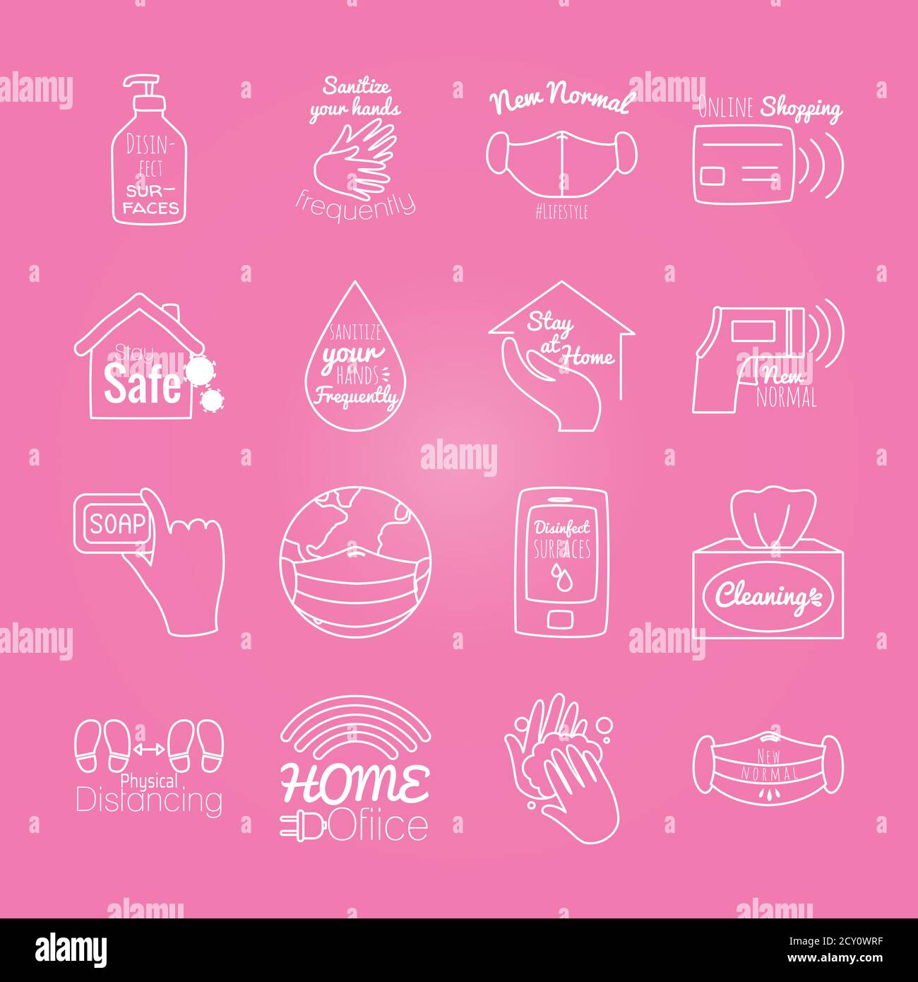 earth planet and new normal icon set over pink background, line style ...