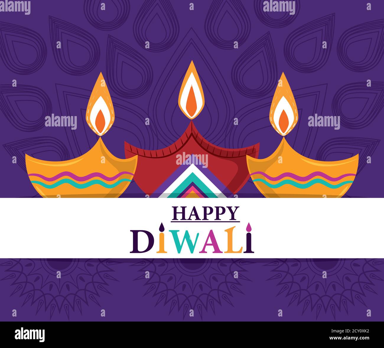 happy diwali festival, lights diya lamps purple background vector ...