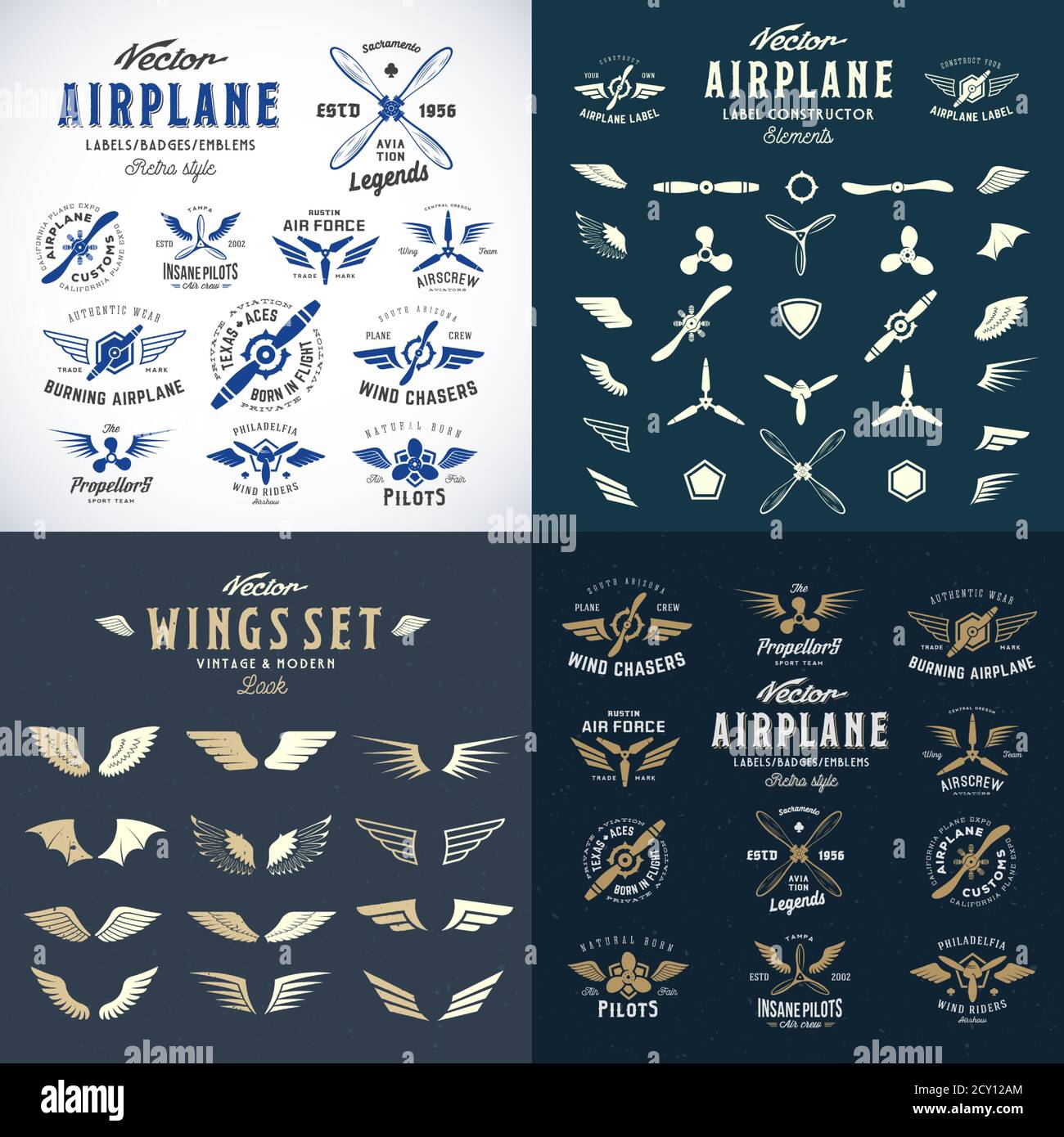 Airplane Retro Labels Construction Bundle. Plane Propellers Logos Set ...