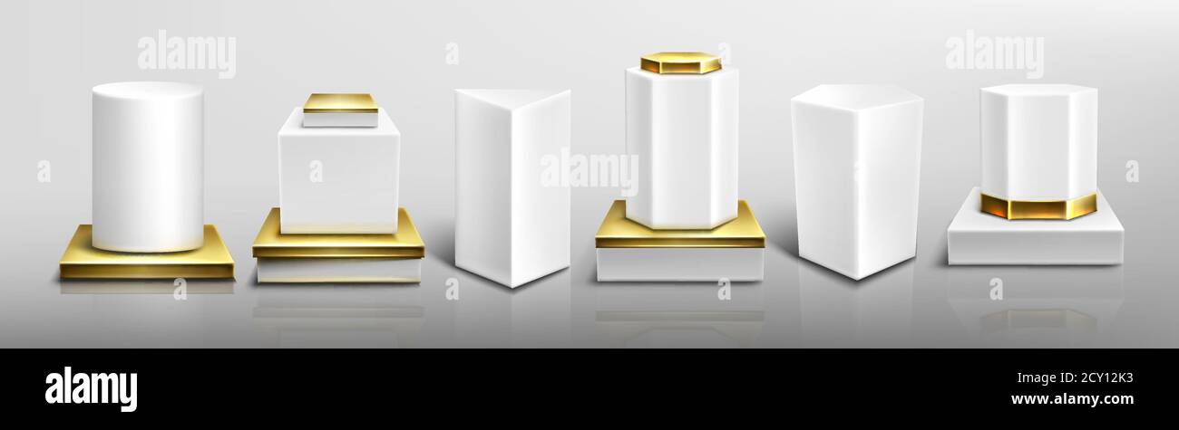 White pedestals or podiums with golden base and protruding parts ...