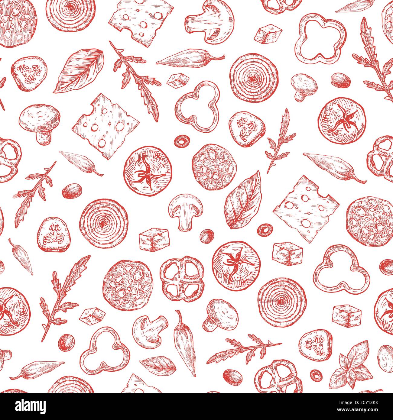Pizza Ingredients Vector Seamless Background Pattern. Hand Drawn Tomato ...