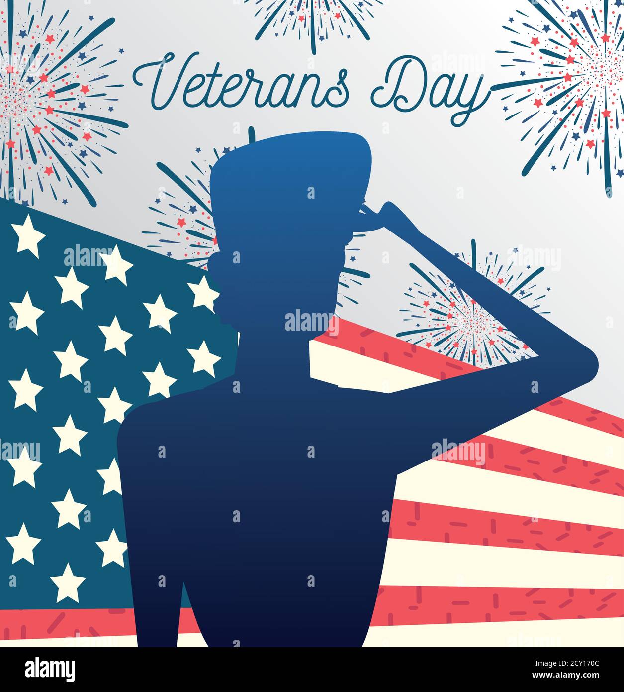 happy veterans day, soldier saluting fireworks and USA flag greeting ...
