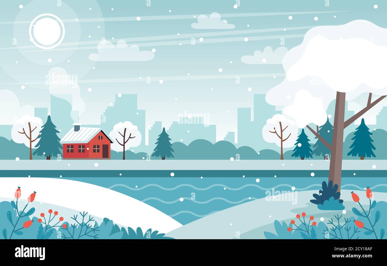 Cute winter landscape vector illustration in flat style Stock Vector ...