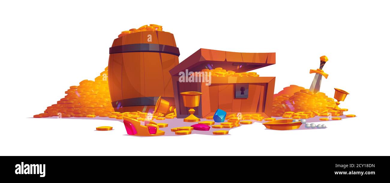 Treasury with pile of golden coins, jewelry and gem. Vector cartoon ...