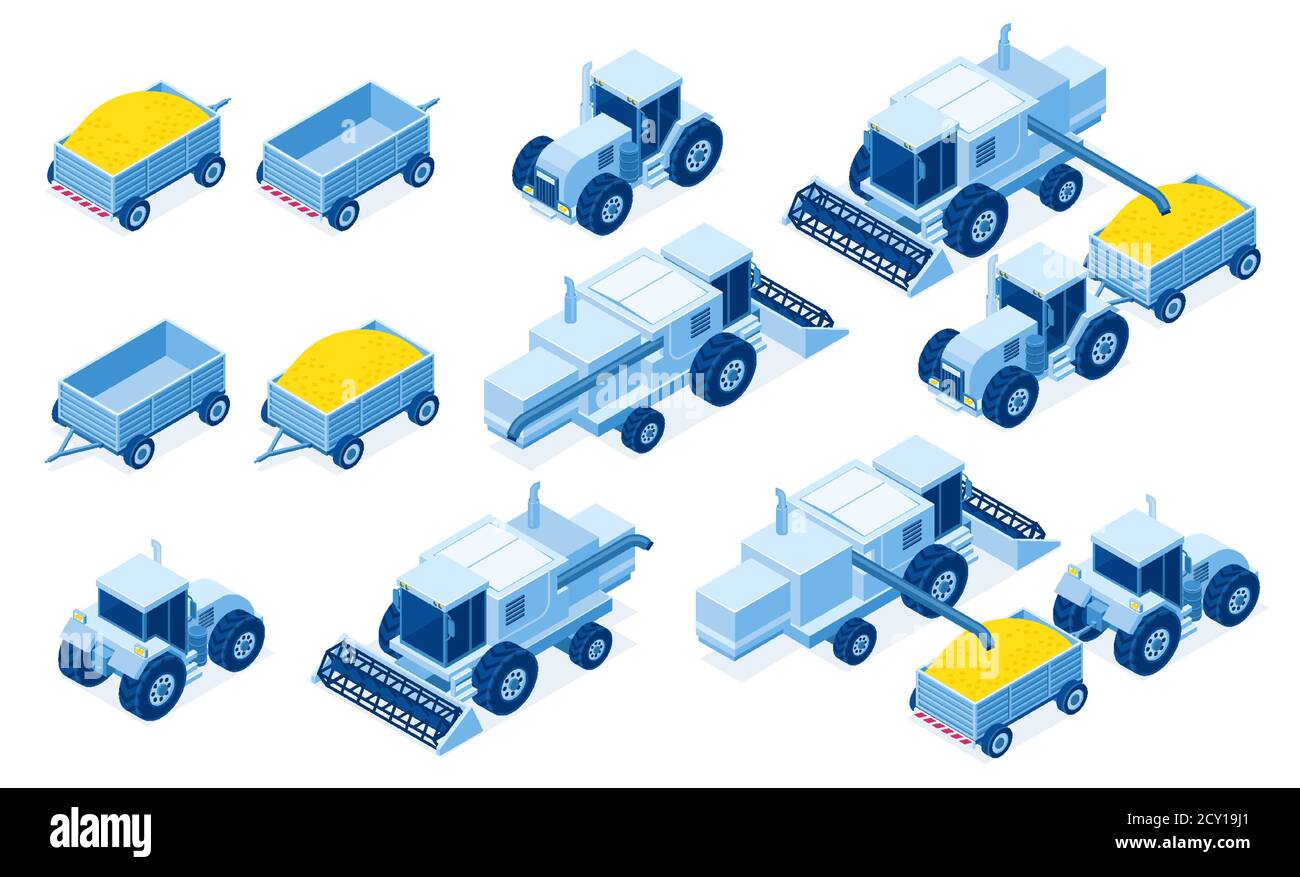 Isometric tractor machinery for grain and hay harvest, industrial and agricultural vehicles for ...
