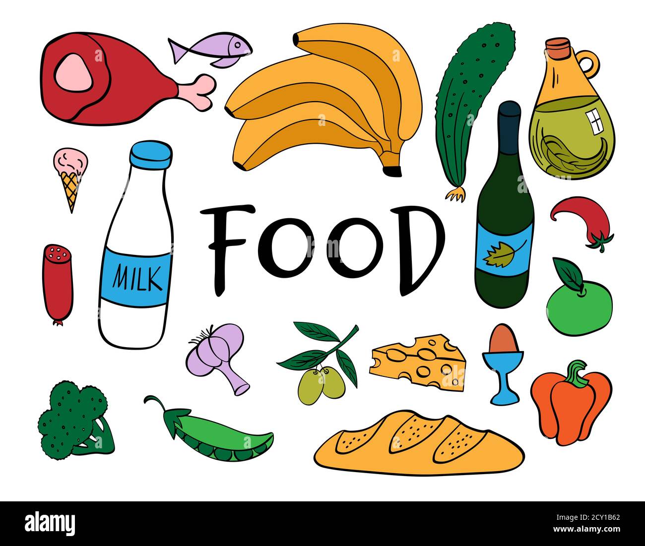 Doodle food collection. Hand drawn objects on white background. Vector ...