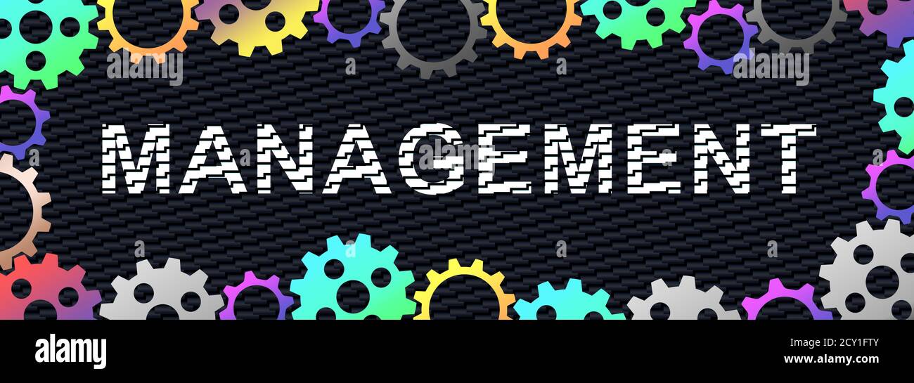 Word management surrounded with multicolored cogwheels Stock Photo - Alamy