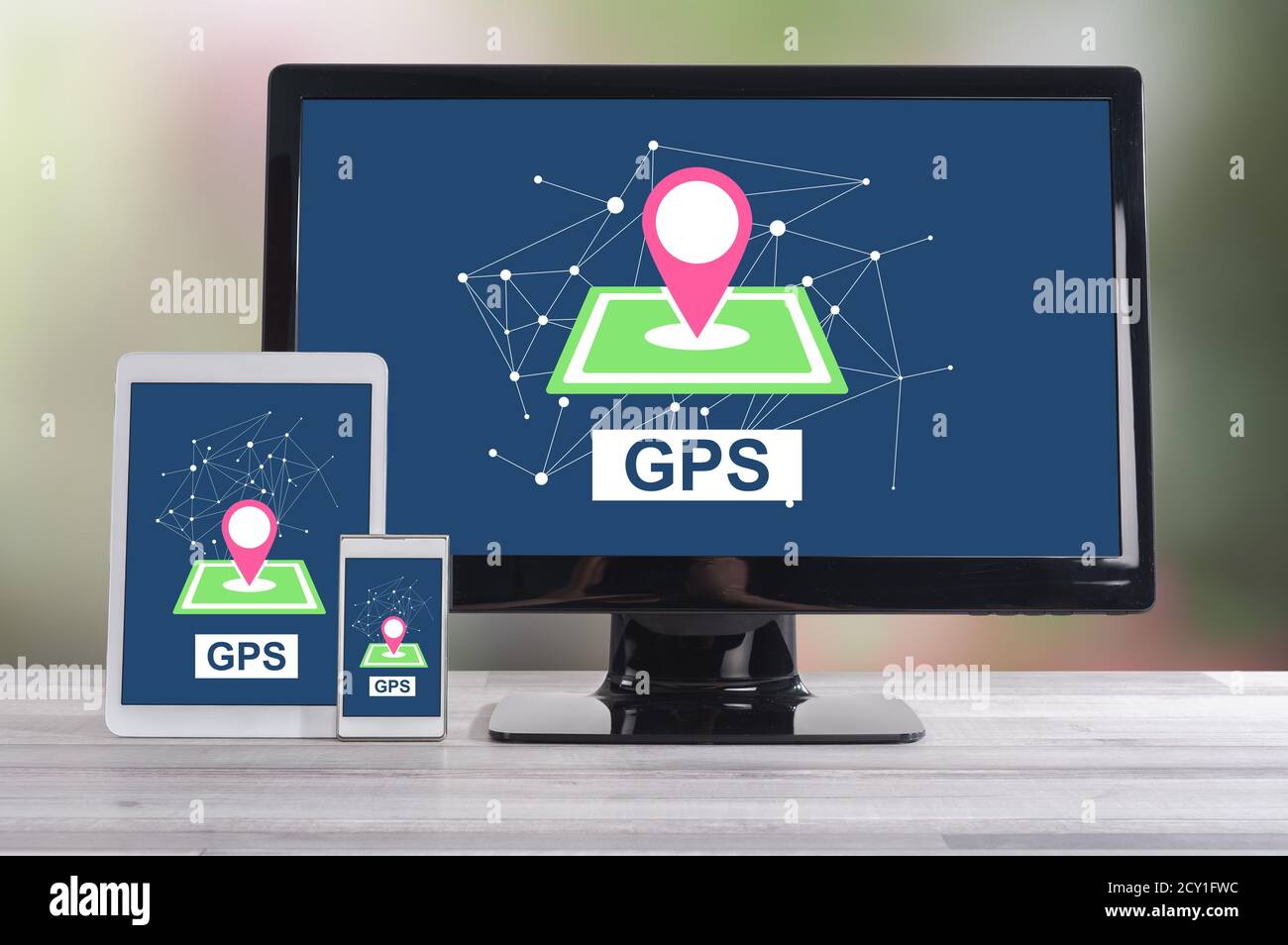 Gps concept shown on different information technology devices Stock ...