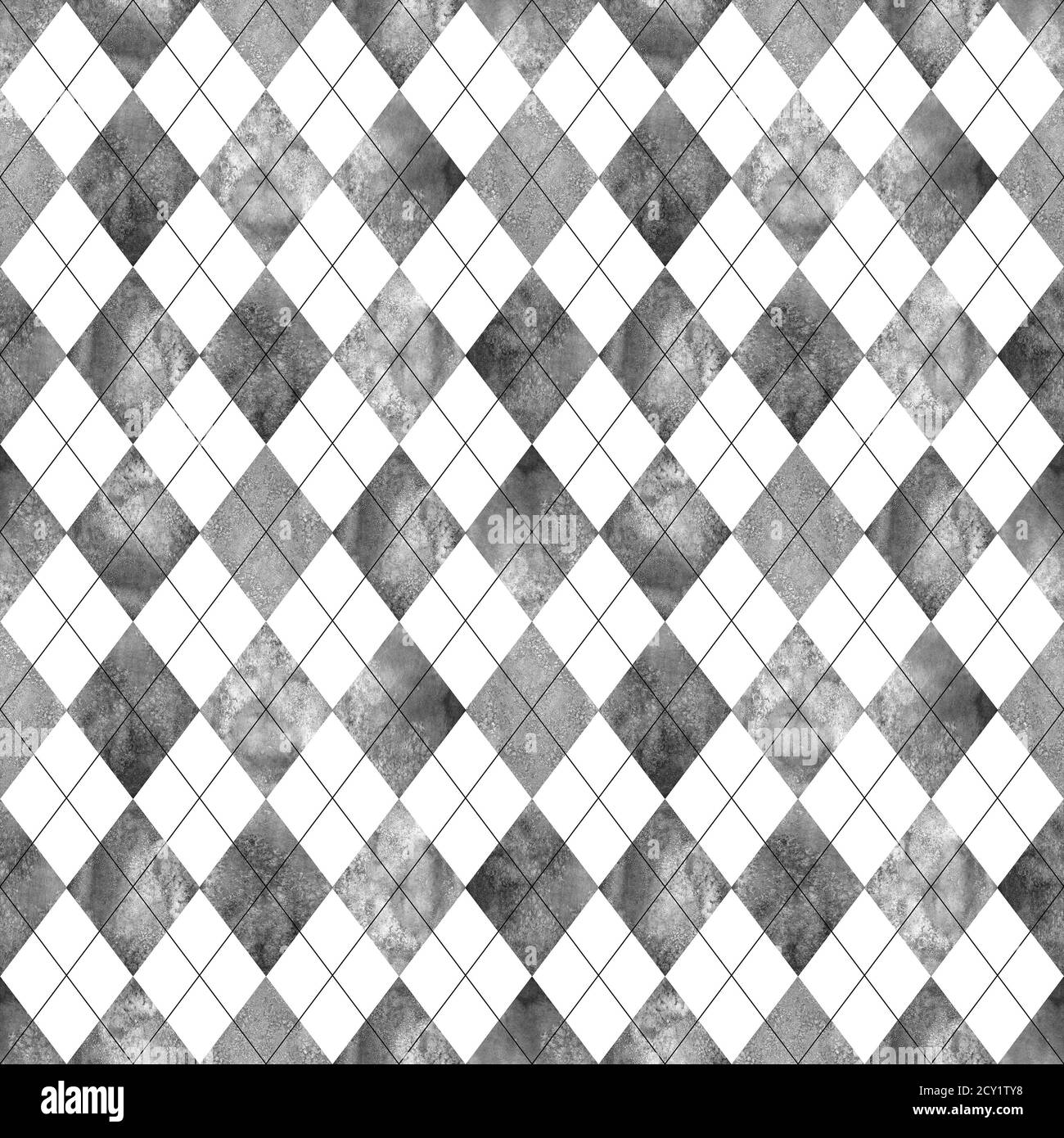 Argyle seamless plaid pattern. Watercolor hand drawn black gray white ...