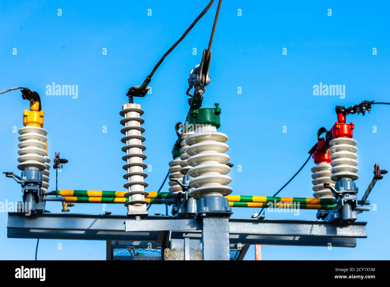 Electric power transmission lines in the evening. High voltage ...