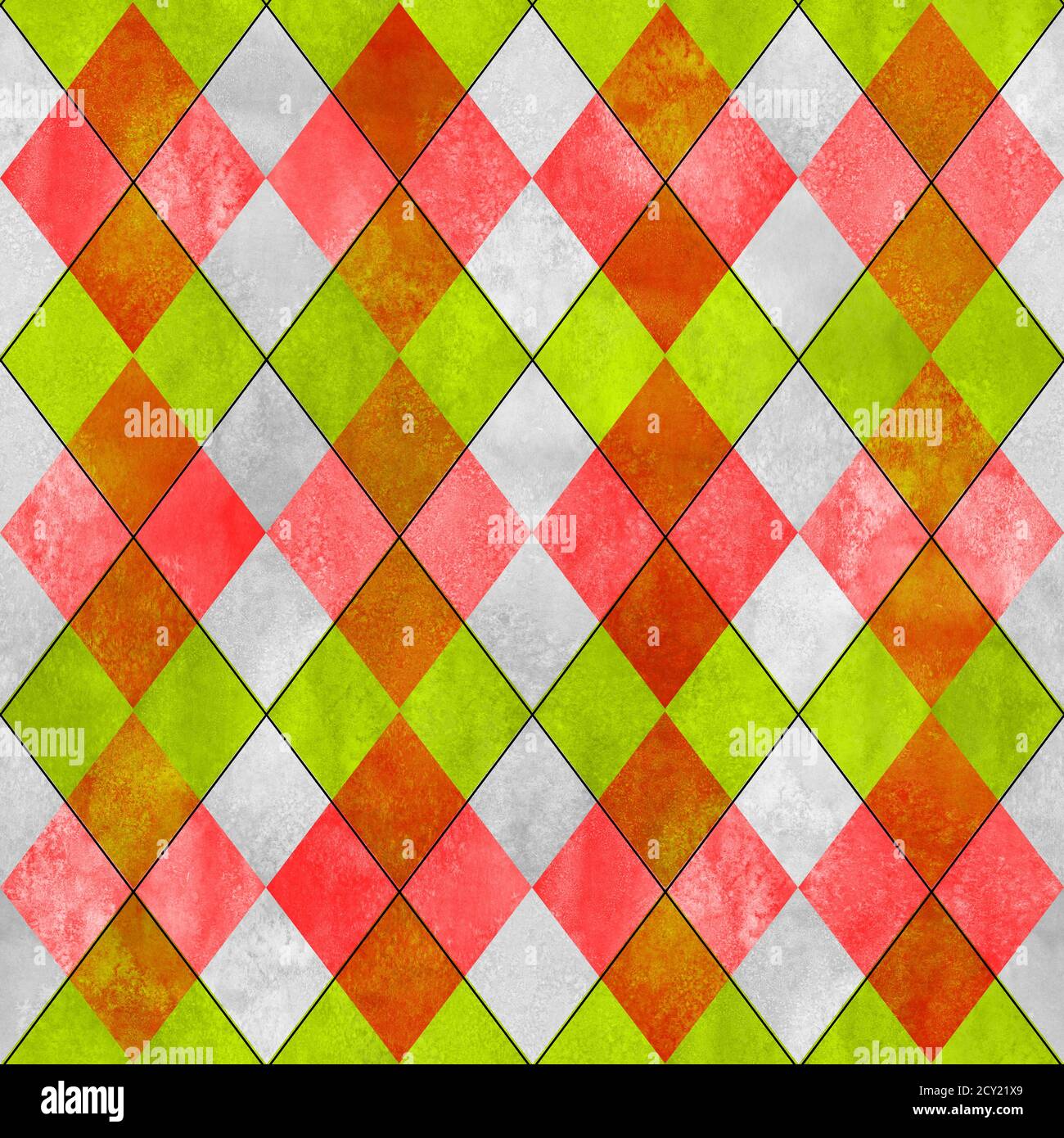 Argyle seamless plaid pattern. Watercolor hand drawn gray orange lemon ...