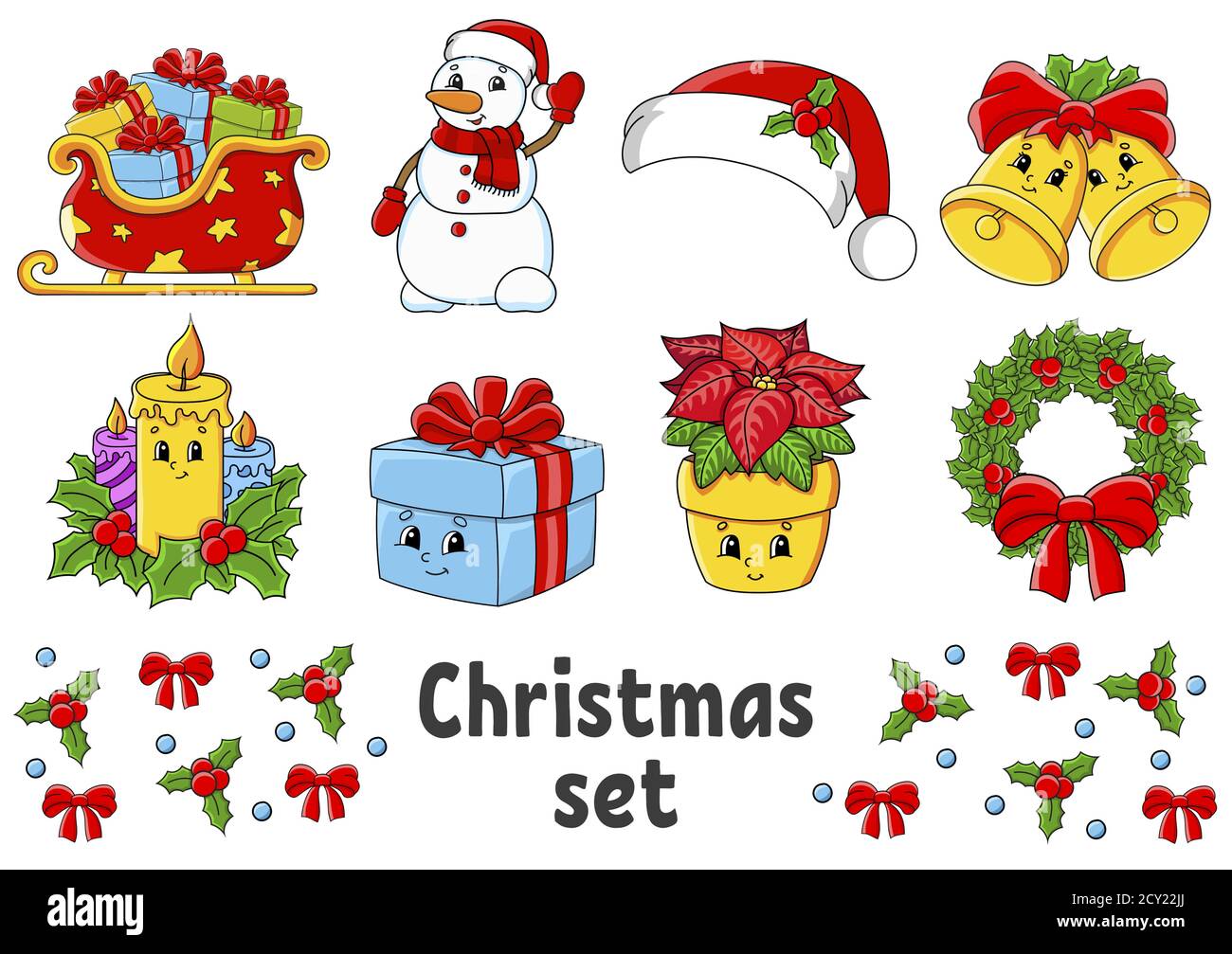 Set of stickers with cute cartoon characters. Christmas theme. Hand ...