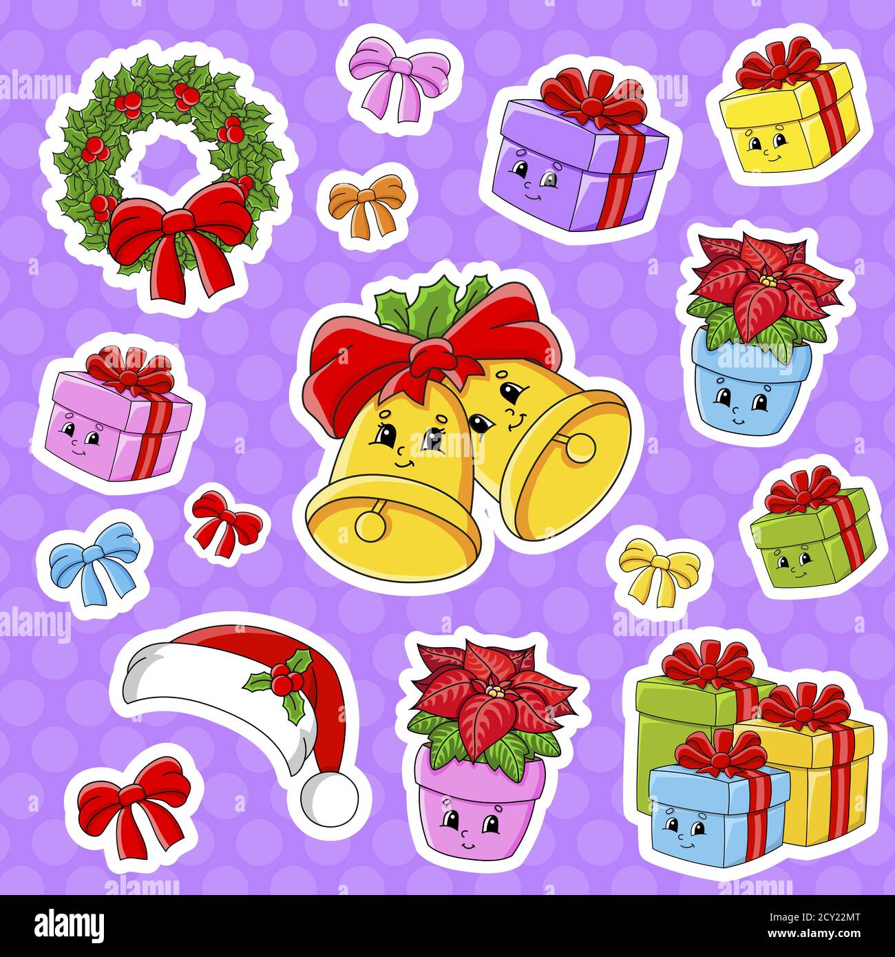 Set of stickers with cute cartoon characters. Christmas theme. Hand ...