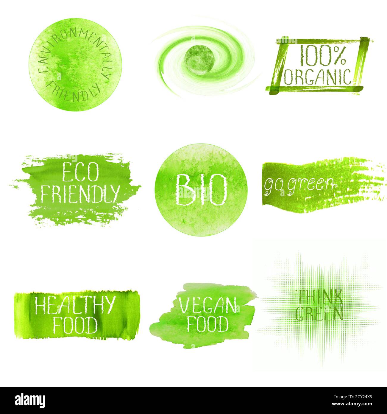 Green watercolor logo design template set. Green watercolour hand drawn ...