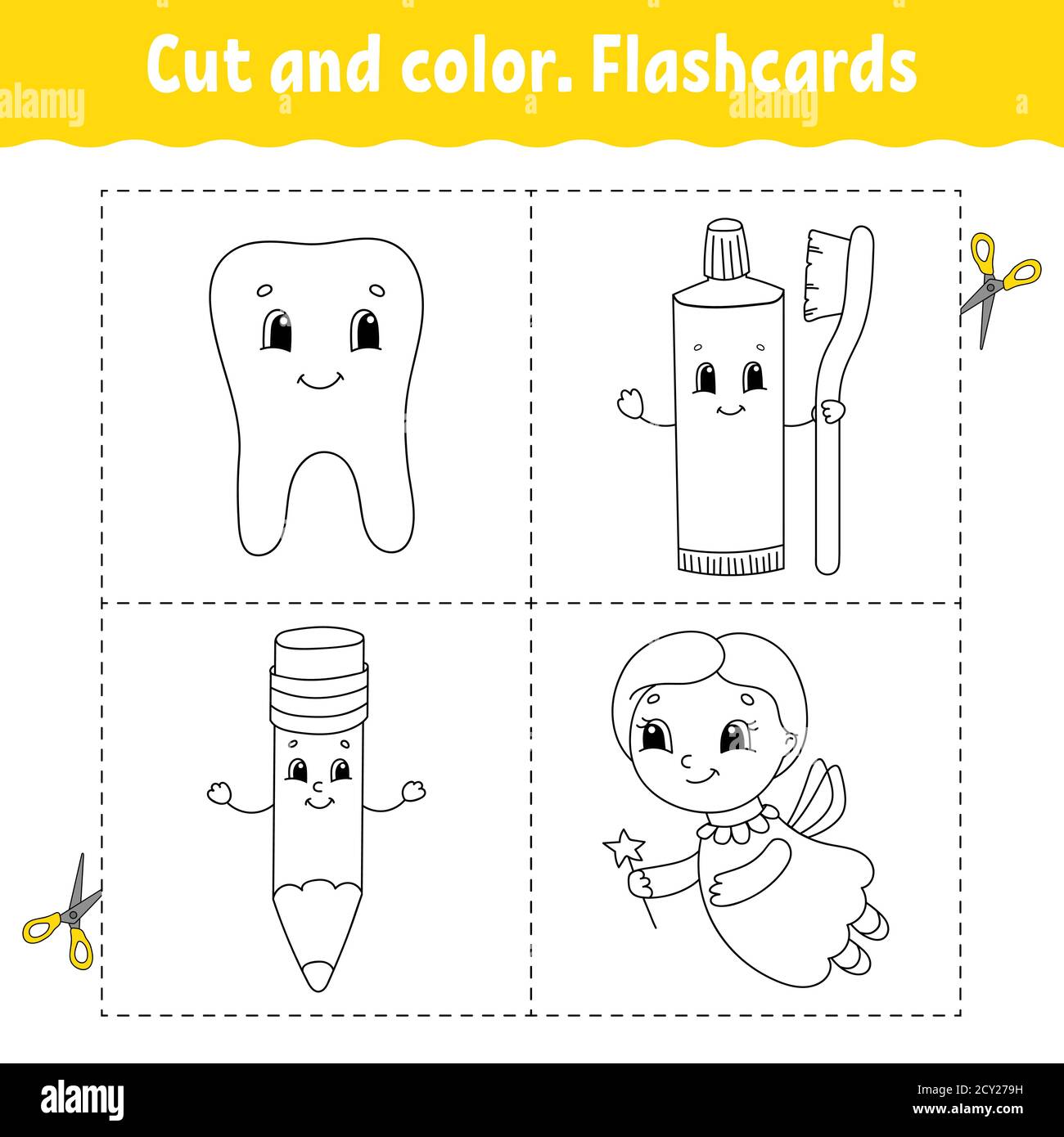 Cut and color. Flashcard Set. Coloring book for kids. Cartoon character ...