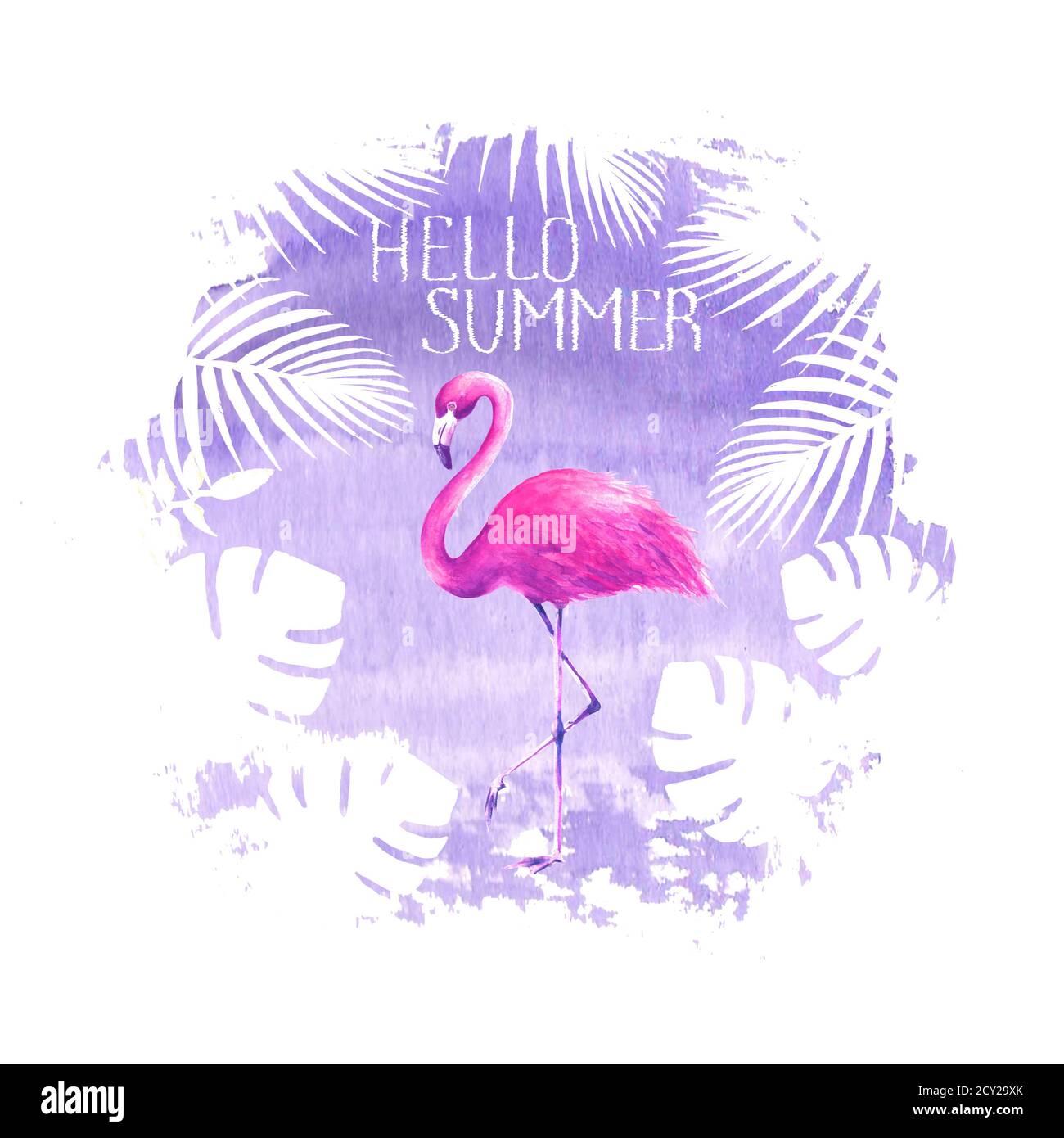 Hello summer lettering pink flamingo purple poster banner hand drawn ...