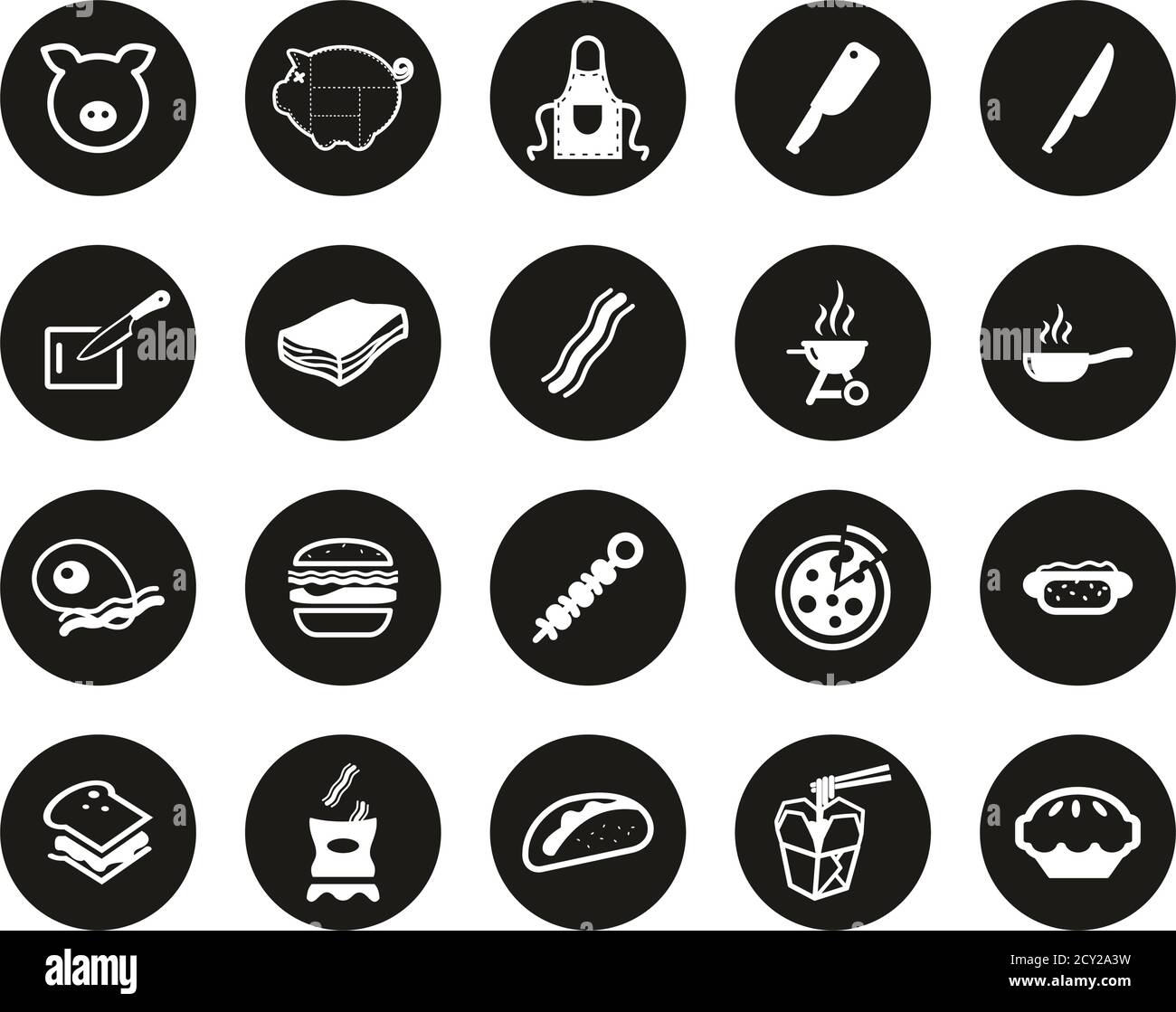 Bacon Icons White On Black Flat Design Circle Set Big Stock Vector ...