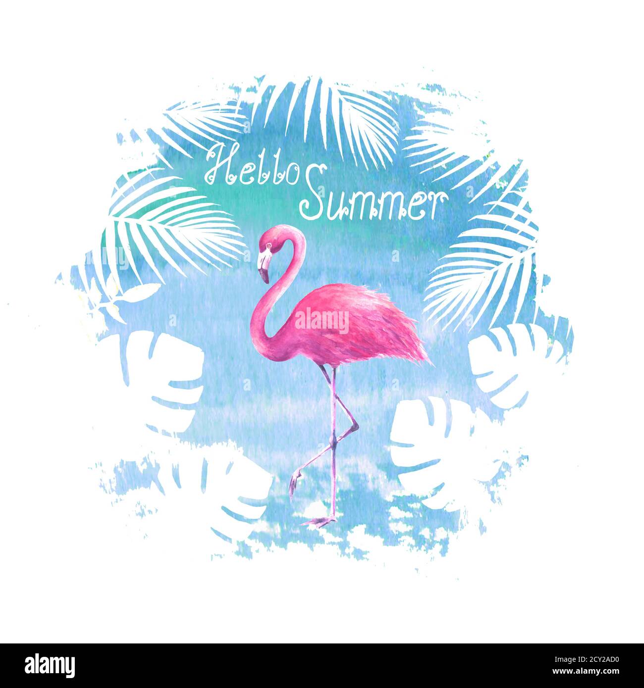 Hello summer lettering pink flamingo blue poster banner hand drawn ...