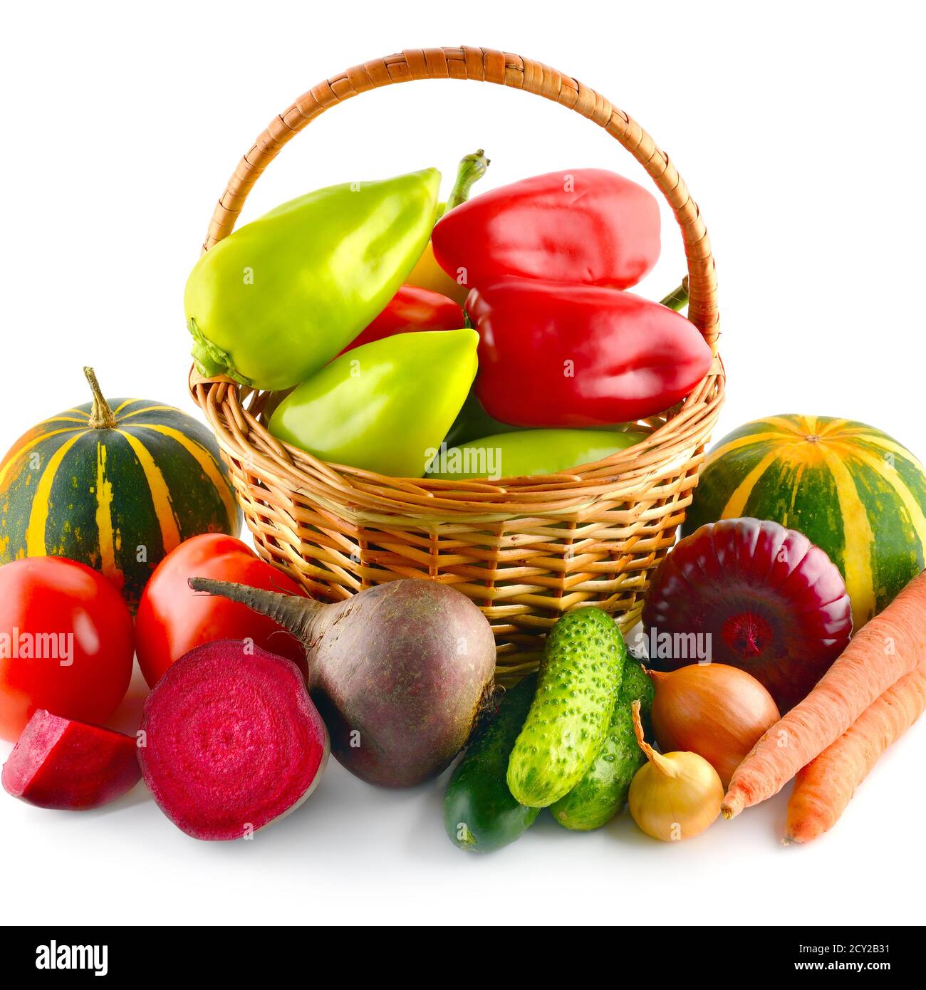 Set of vegetables in wicker basket isolated on white background Stock ...