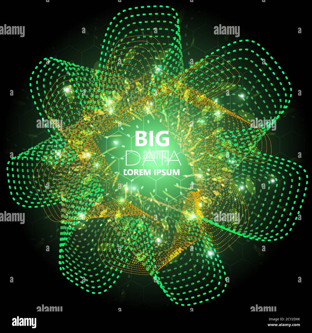 Abstract square technology, big data background with green, orange wave ...