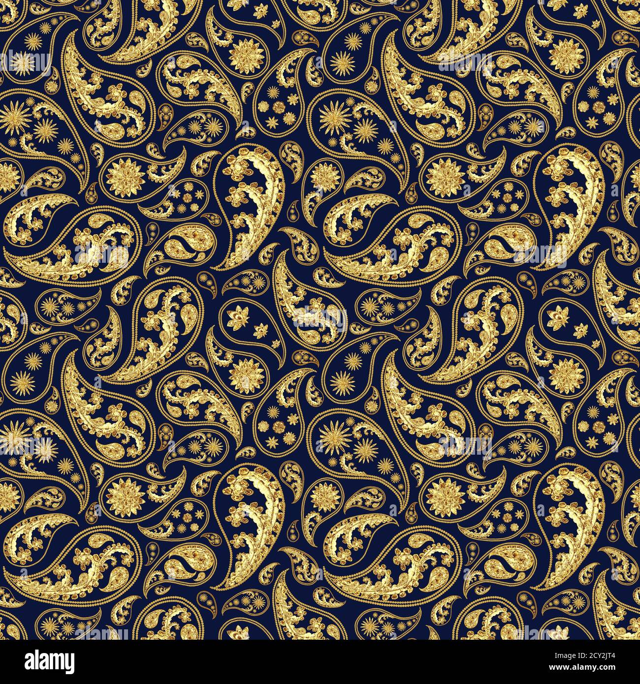 Paisley gold and deep blue seamless pattern. Hand drawn golden ...