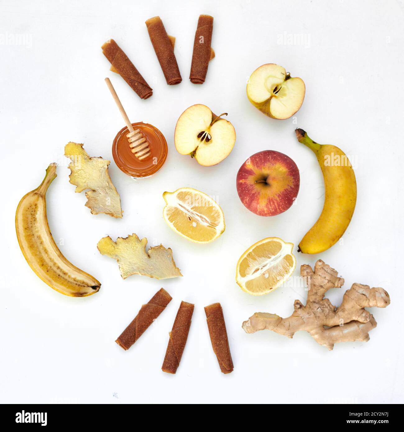 Healthy fruit snacks on a white background Stock Photo - Alamy