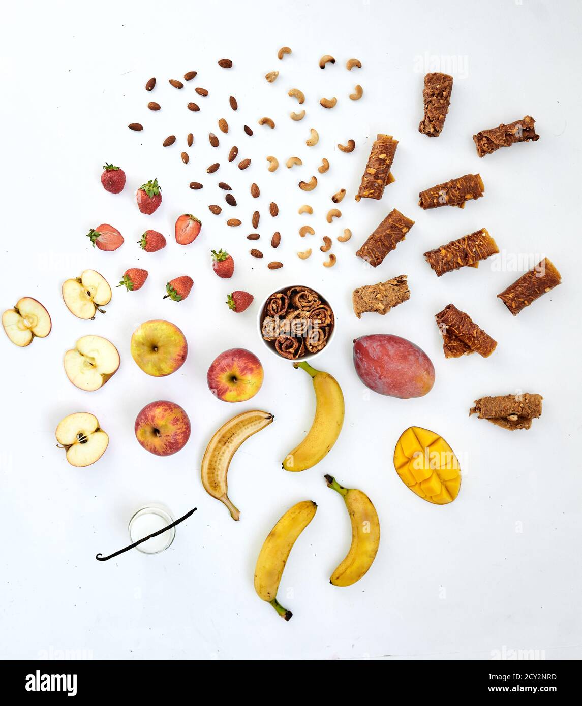 Flat lay of various dried and fresh fruits on a white. Fruits ...
