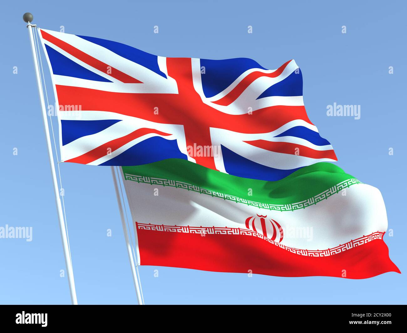 Two waving state flags of United Kingdom and Iran on the blue sky. High ...