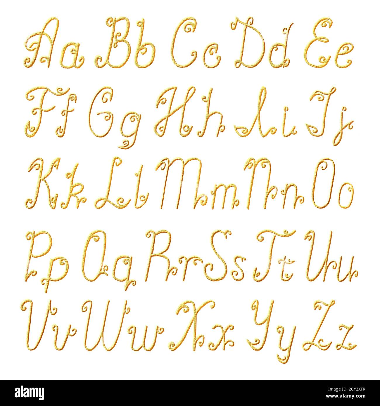 Golden brushed thin shiny 3d alphabet isolated on white background. Set ...