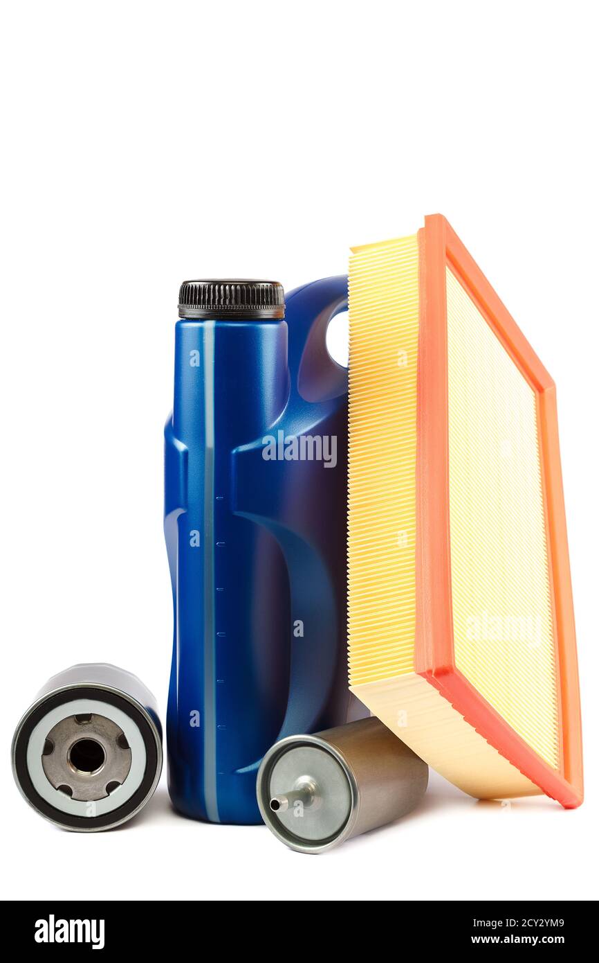 Automotive air, oil and fuel filter and canister with oil isolated on ...