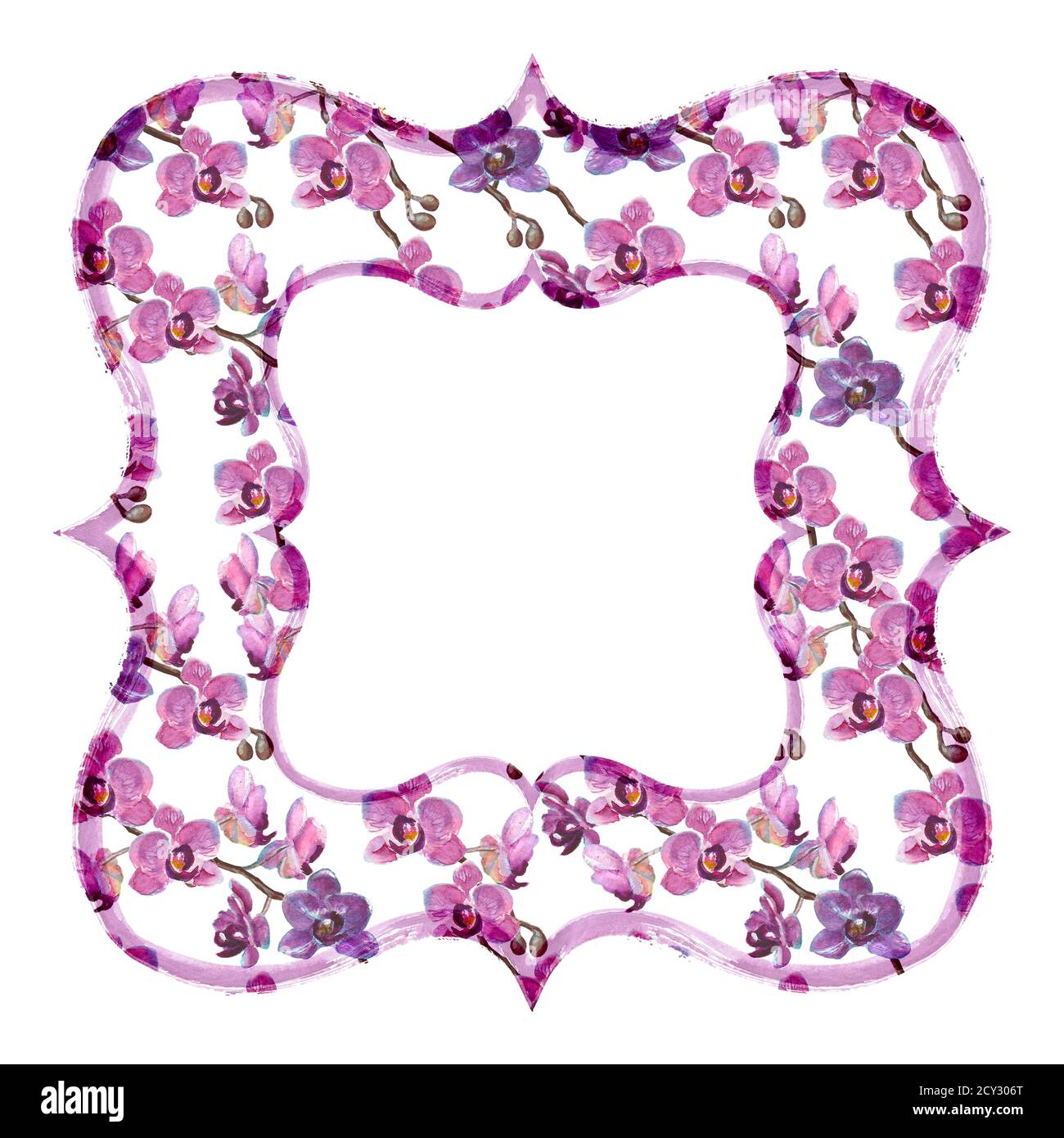 Purple violet border frame with orchid pattern isolated on white ...